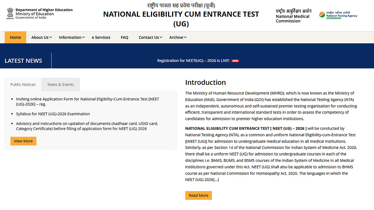 NEET UG 2026 registration begins at neet.nta.nic.in; apply by March 8
