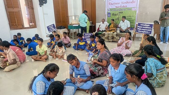 School students, women trained in Thanjavur pith work
